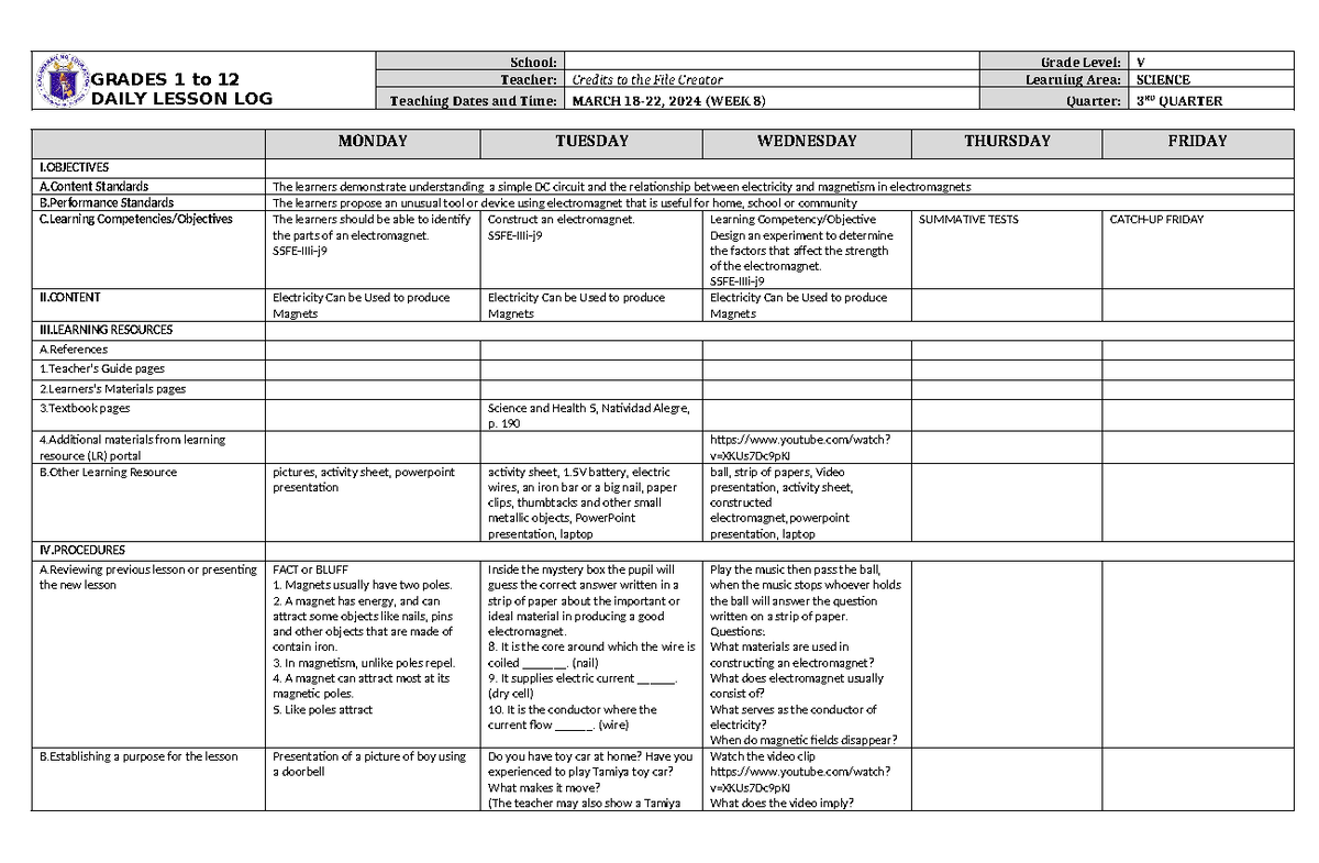 DLL Science 5 Q3 W8 - ADDITIONAL REFERENCE - GRADES 1 to 12 DAILY ...