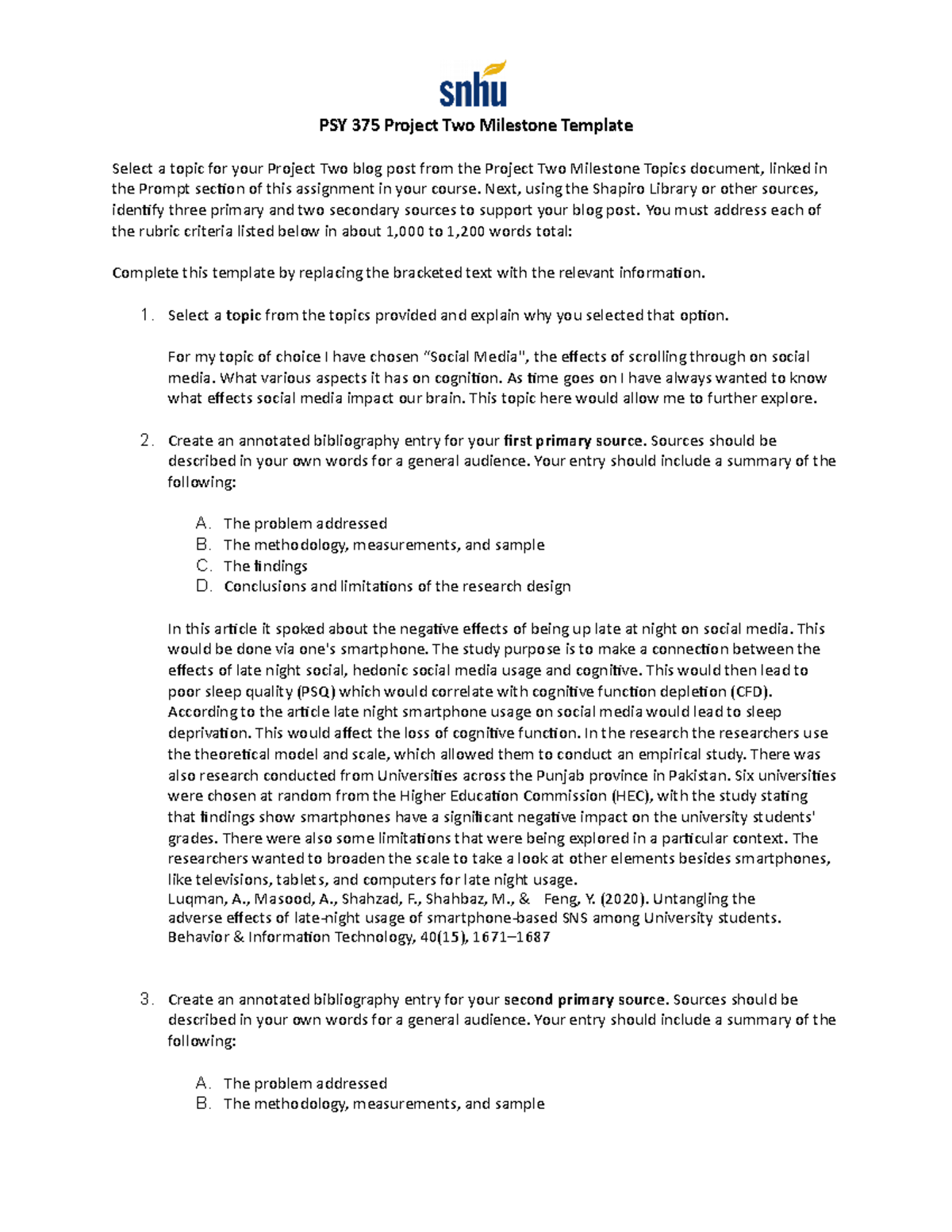 PSY 375 Project Two Milestone Template - PSY 375 Project Two Milestone ...