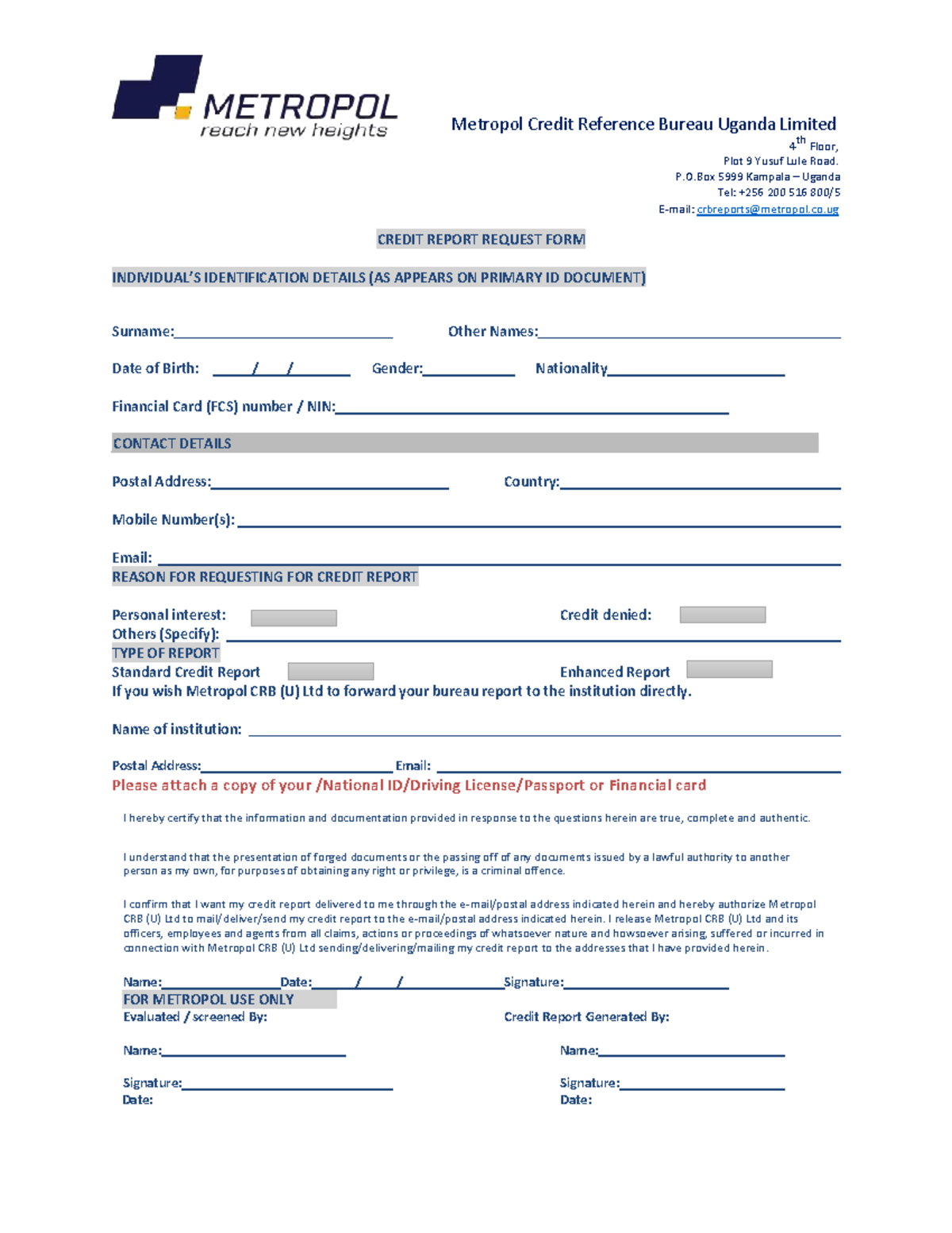 Individual Credit Report Request FORM - Metropol Credit Reference ...