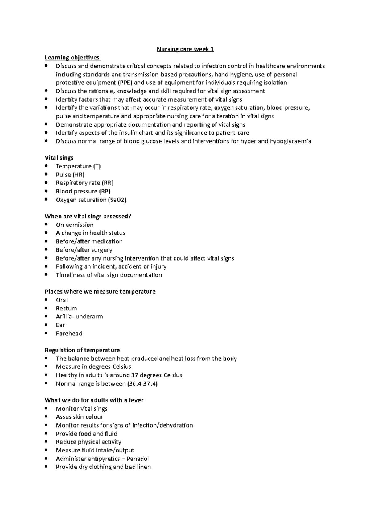 Nursing care notes week 1 - Nursing care week 1 Learning objectives ...