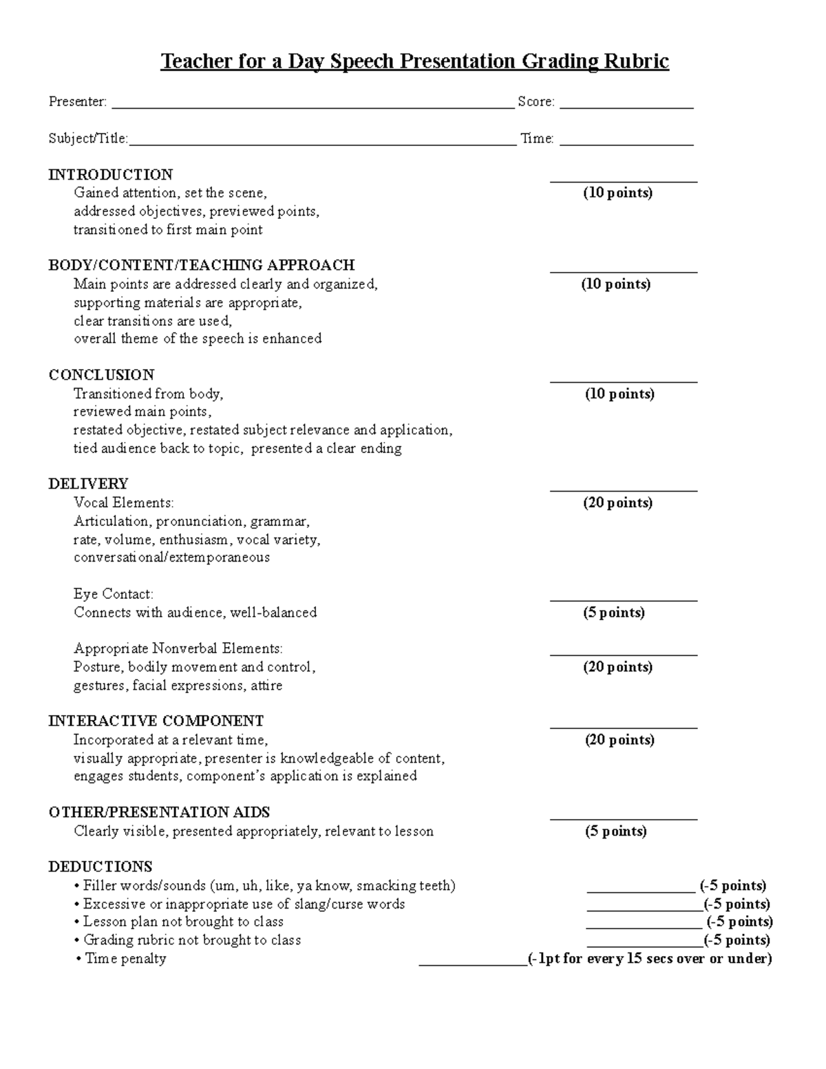 Comm 210 (F2F) - Teacher for a Day Speech Presentation Grading Rubic ...