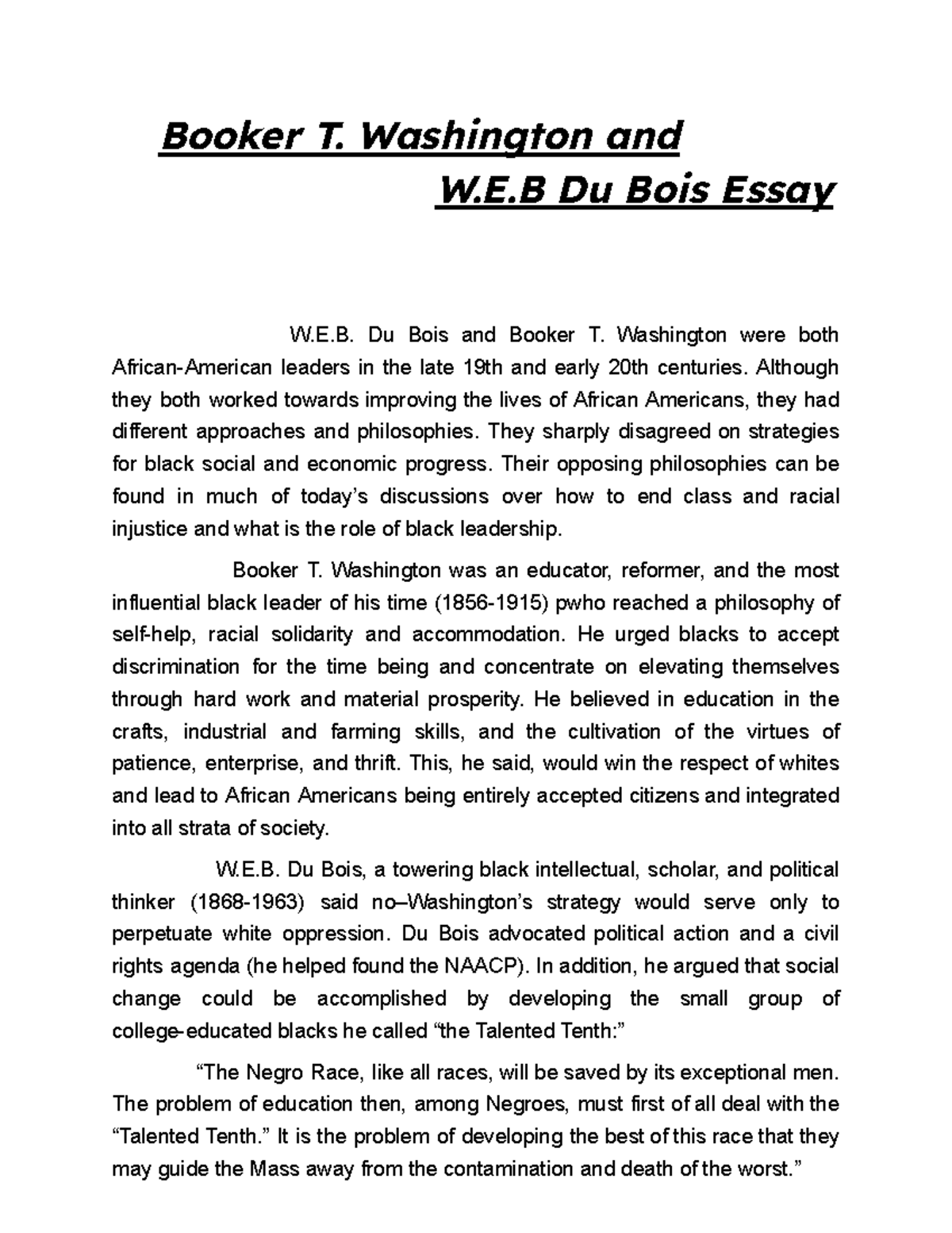Booker T. Washington and W.E.B Du Bois Essay - Booker T. Washington and ...
