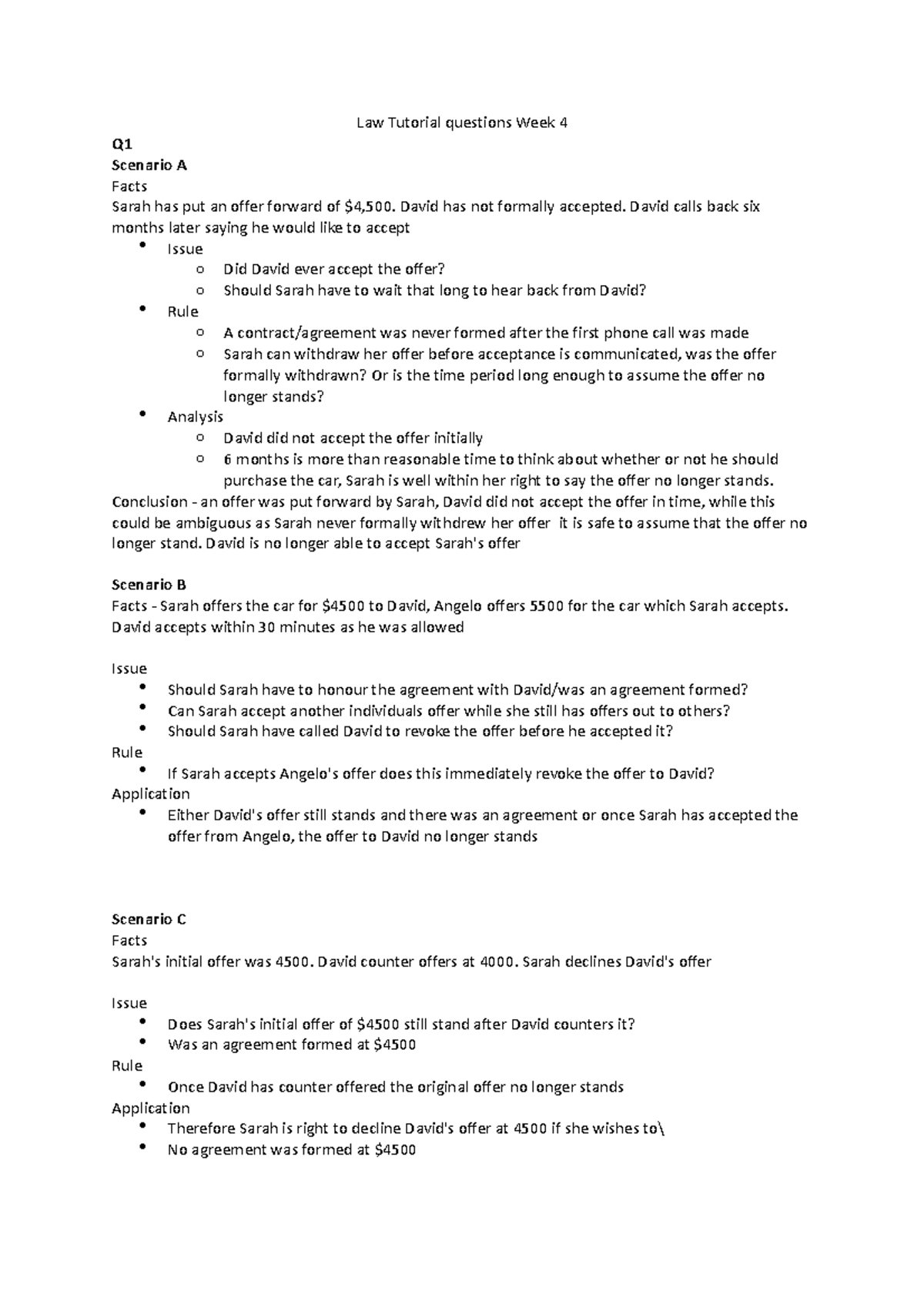 Law Tutorial Questions Week 4 - David has not formally accepted. David calls back six months ...