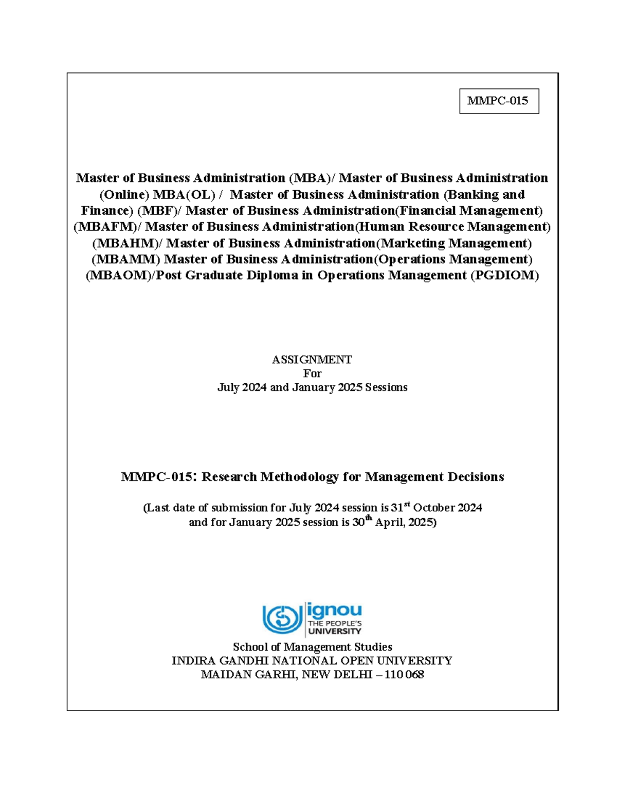 MMPC-015 - assignments - Master of Business Administration (MBA)/ Master of Business ...