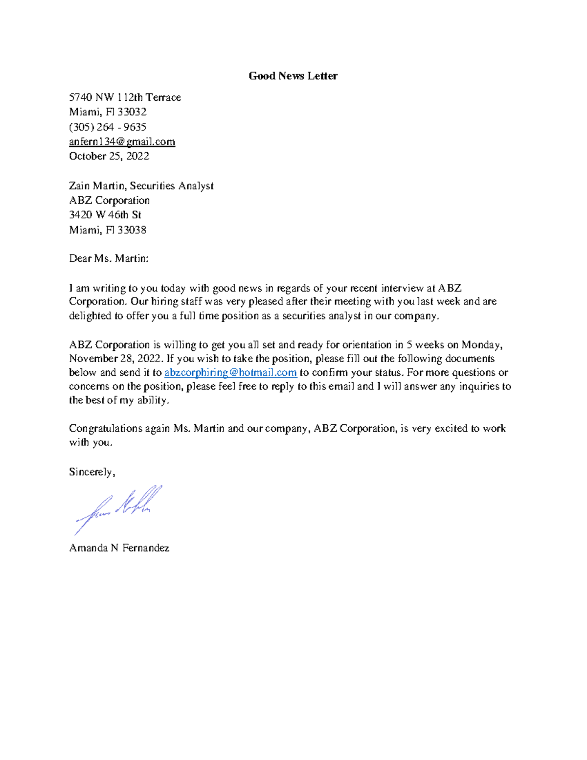 Letters - homework assignment - Good News Letter 5740 NW 112th Terrace ...