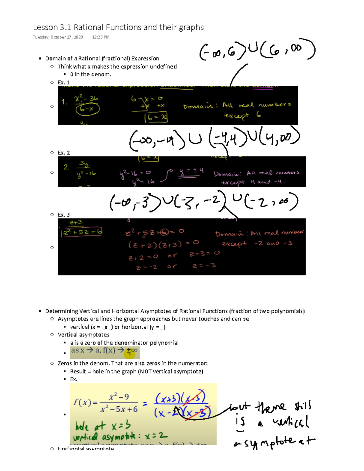 Lesson 3.1 Rational Functions and their graphs - Domain of a Rational ...