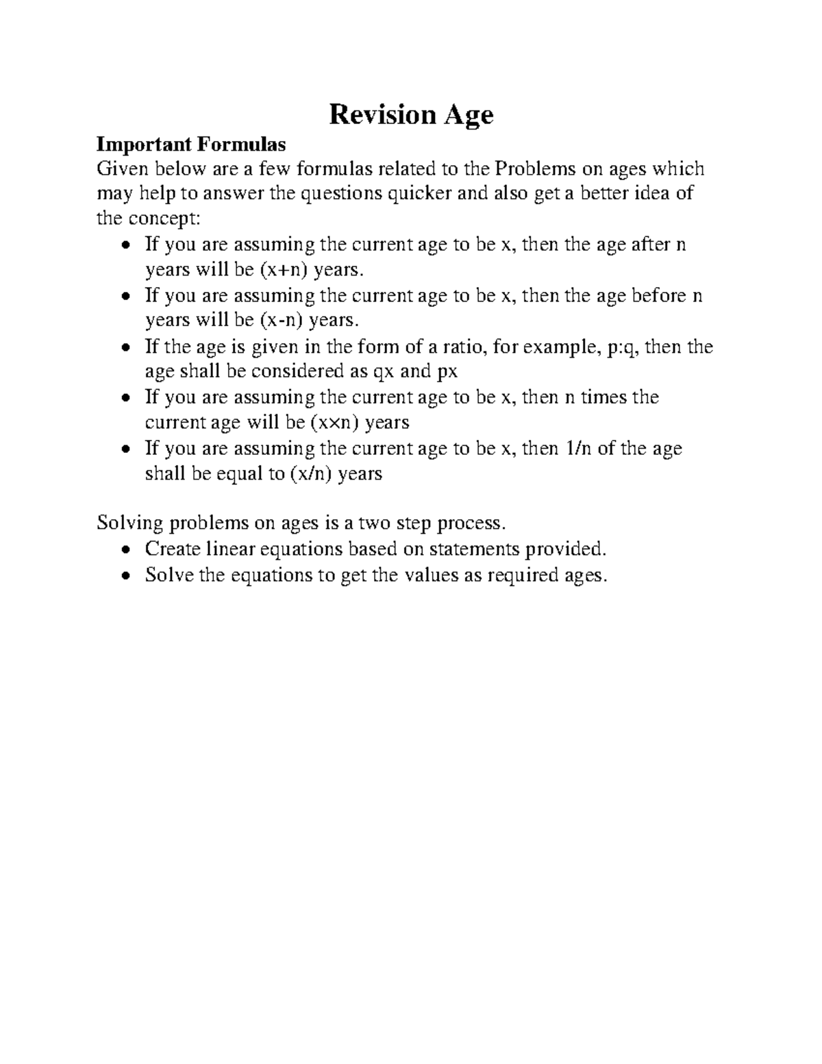 Aptitude - Revision Age Important Formulas Given below are a few ...