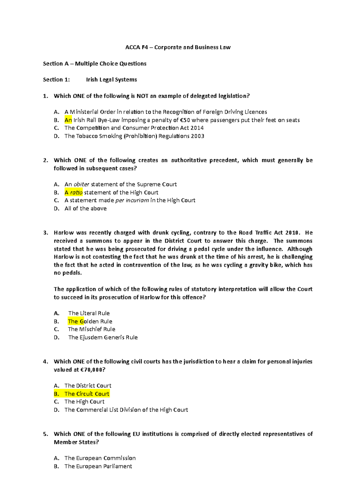 ACCA F4 Sample Questions(Section 1- 6) - ACCA F4 – Corporate and ...