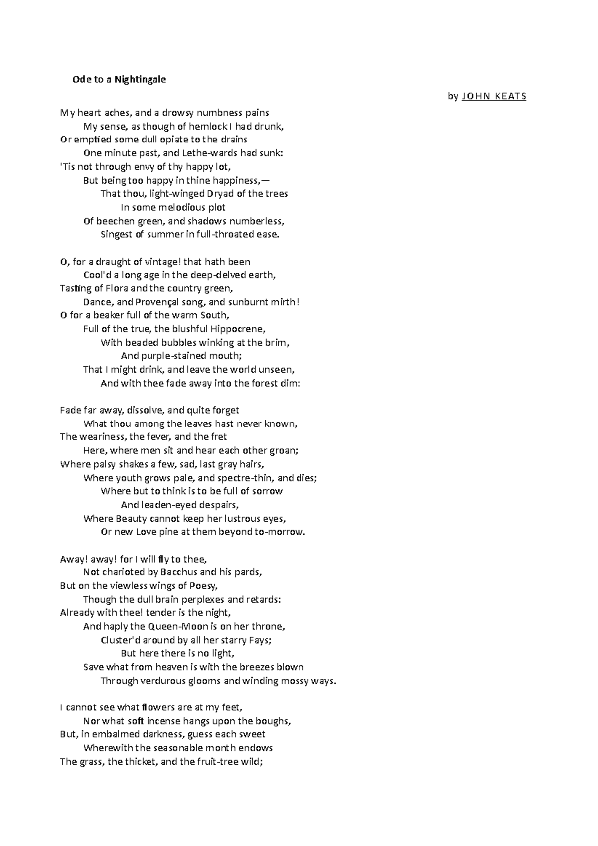 Ode to a Nightingale - Romanticismo - Ode to a Nightingale by JOHN ...