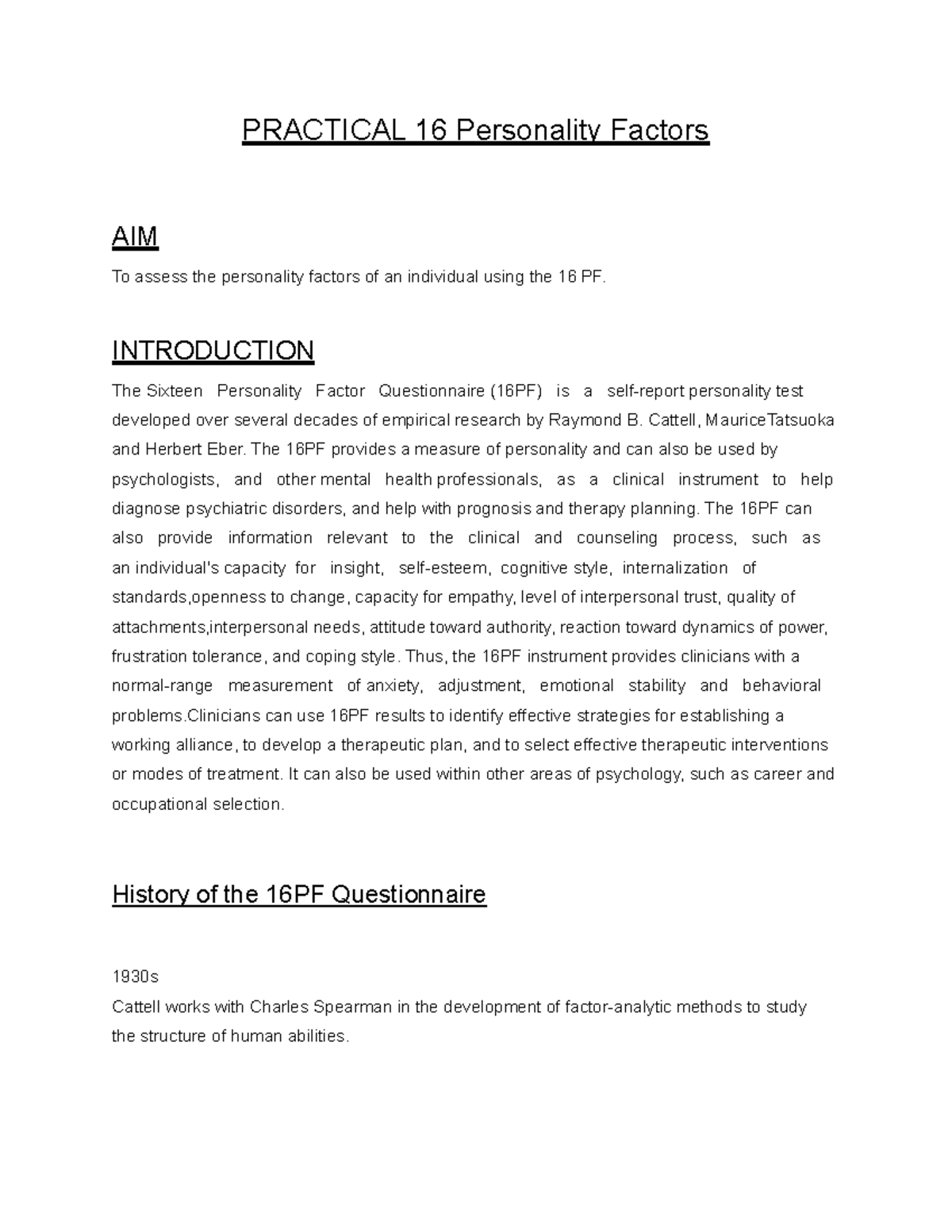 16PF - 16PF PRACTICAL DETAILED - PRACTICAL 16 Personality Factors AIM ...