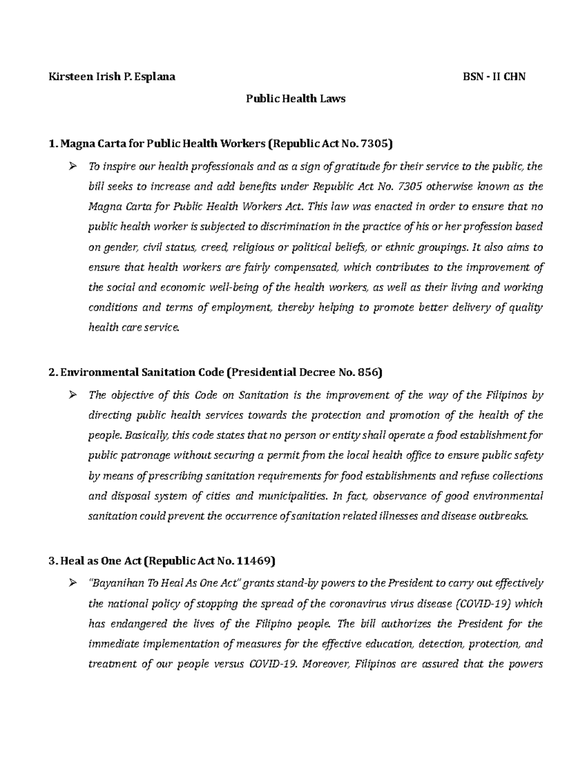 Public Health Laws - PH - Kirsteen Irish P. Esplana BSN - II CHN Public Health Laws Magna Carta ...