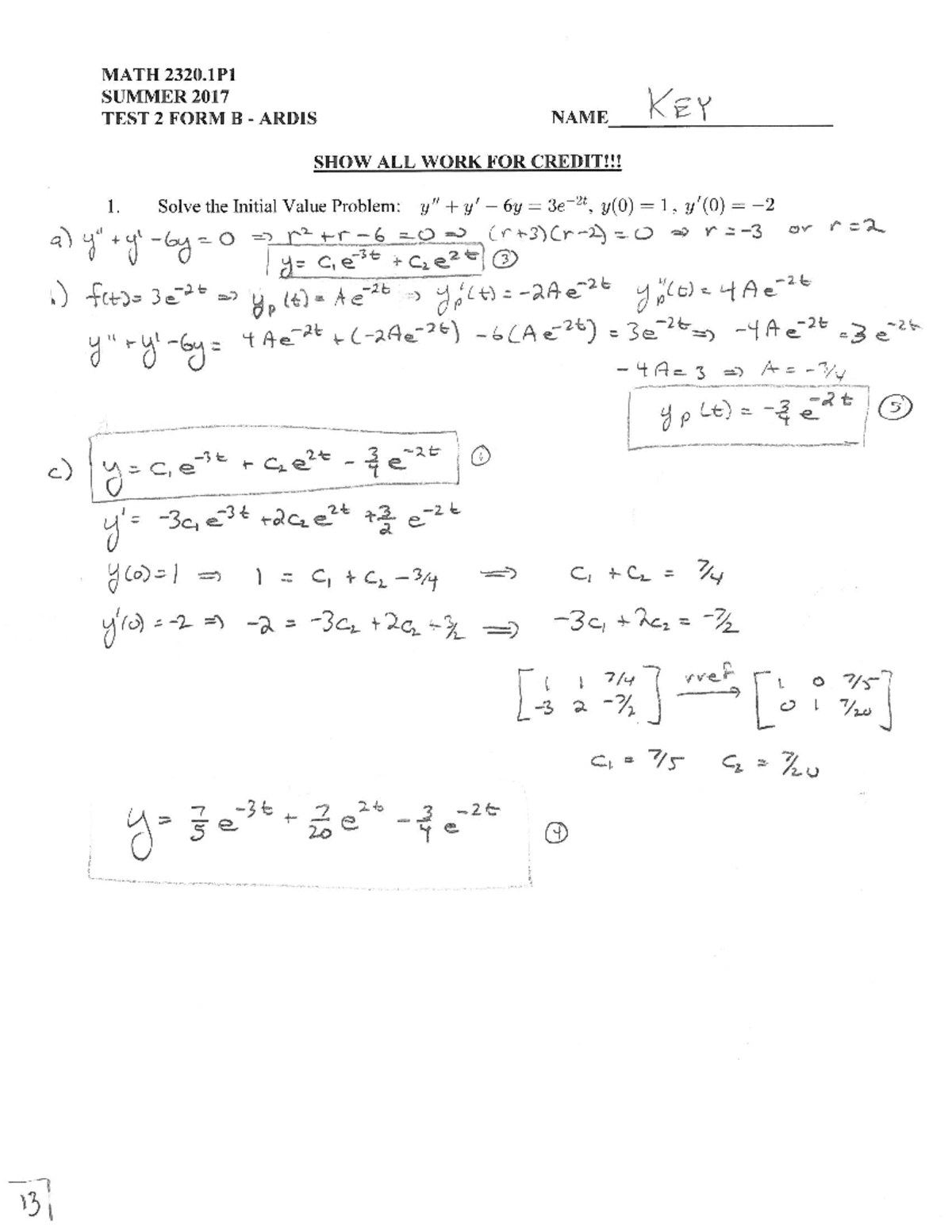 TEST 2 FORM B - MATH 2320 SUMMER 2017 TEST 2 FORM B ARDIS NAME KEY SHOW ...