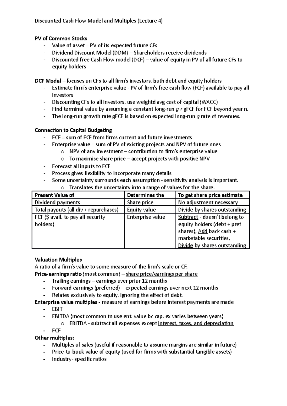 Lecture 4 summary - DCF Models and Multiples - Discounted Cash Flow ...