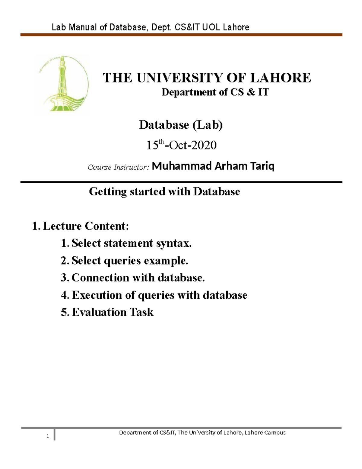 Lab 4 Task Lab Manual Of Database Dept Csandit Uol Lahore 1