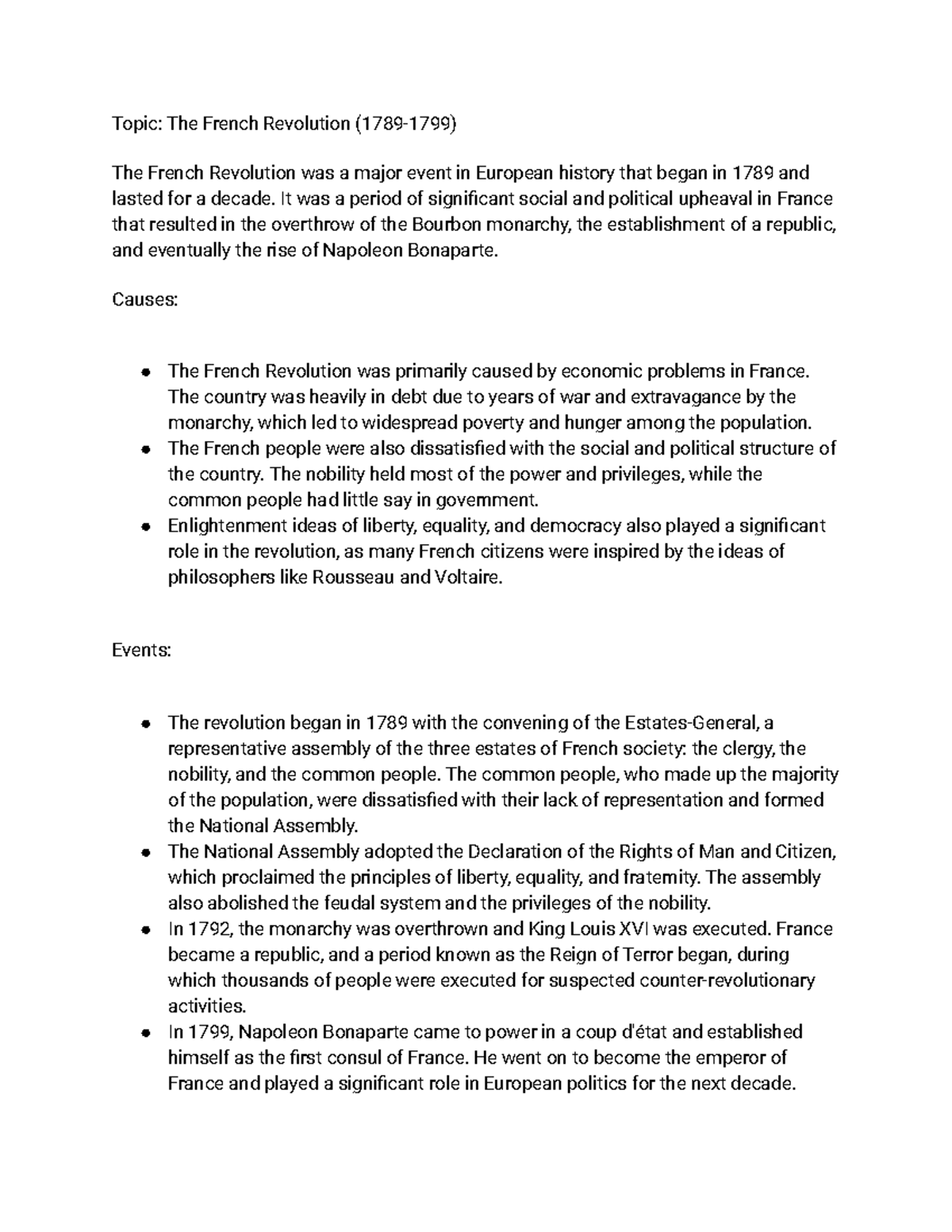 Topic The French Revolution (1789-1799) - It was a period of ...