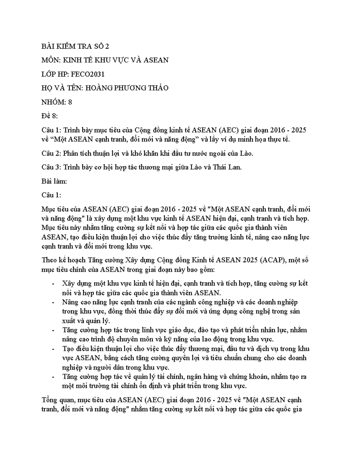 Bài kiểm tra Asean - nmmmm - BÀI KIỂM TRA SỐ 2 MÔN: KINH TẾ KHU VỰC VÀ ...