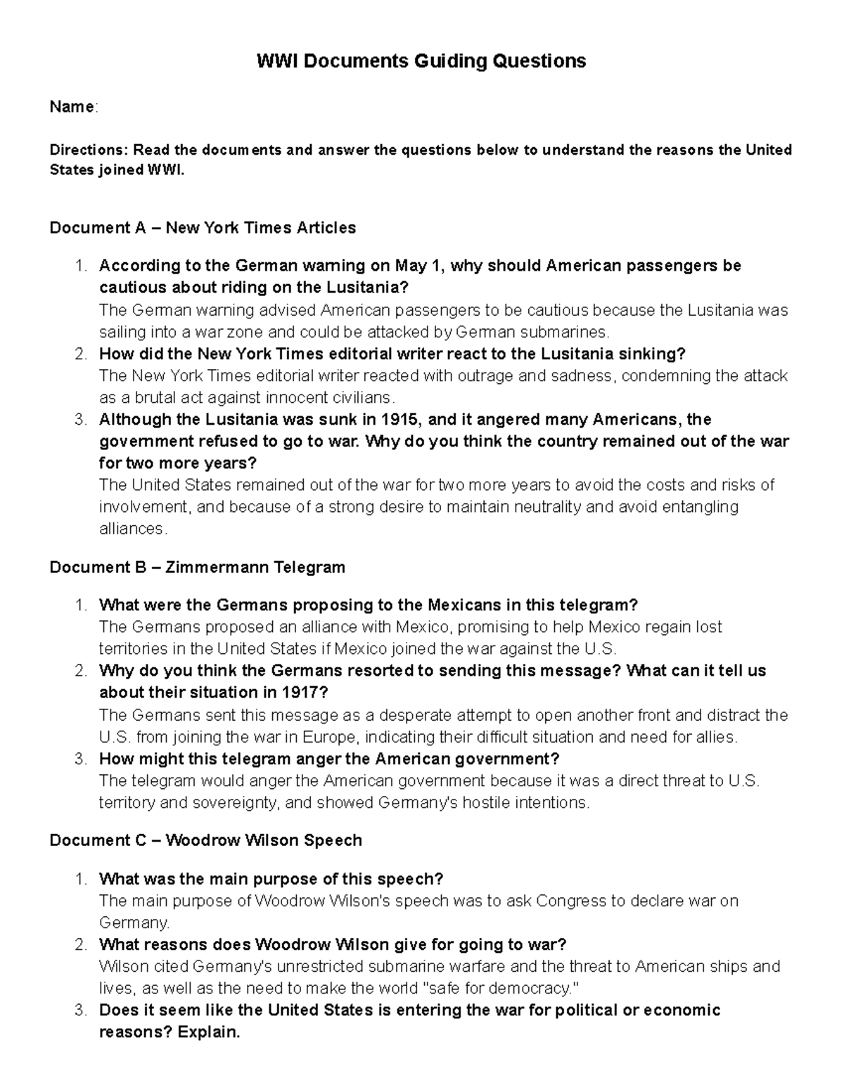 WWI Documents Guiding Questions - WWI Documents Guiding Questions Name ...