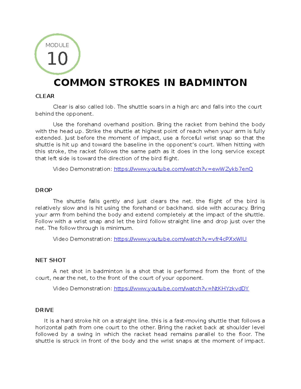 PE-3- Module-10- Common- Strokes-IN- Badminton-1 - COMMON STROKES IN ...