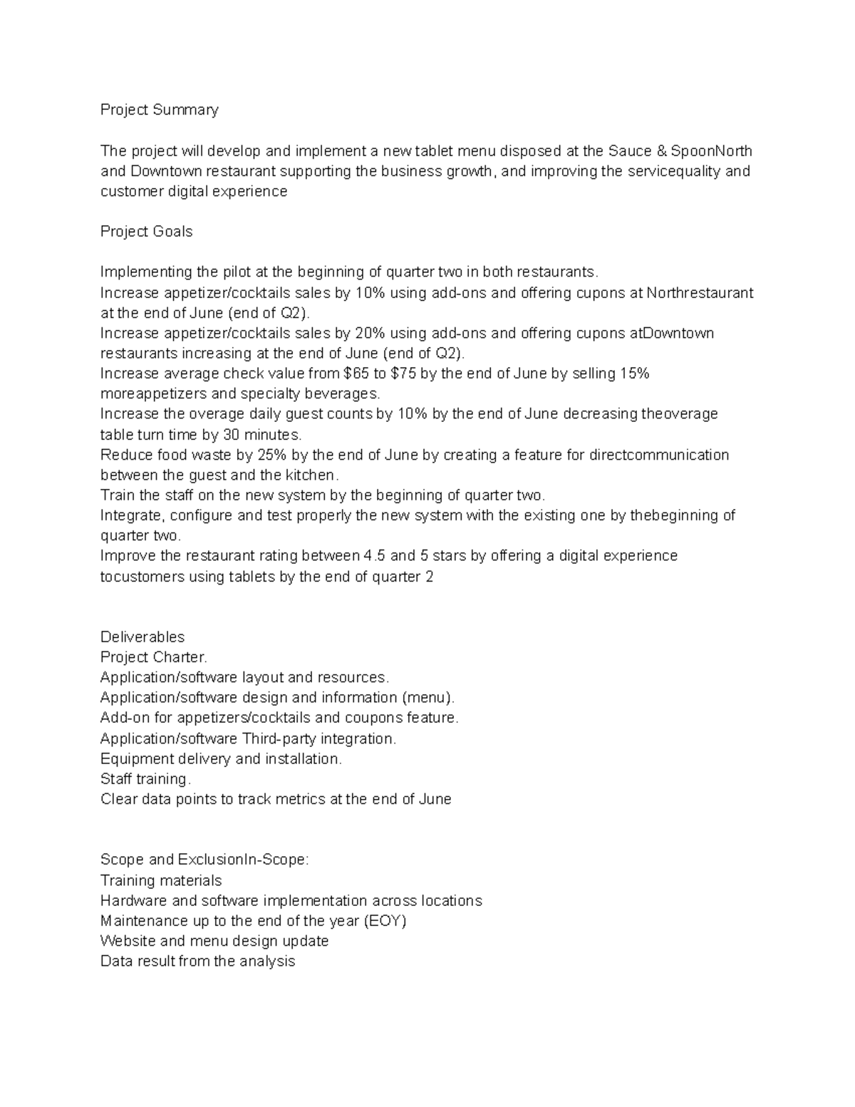 Project Charter - Project Summary The project will develop and implement a new tablet menu ...