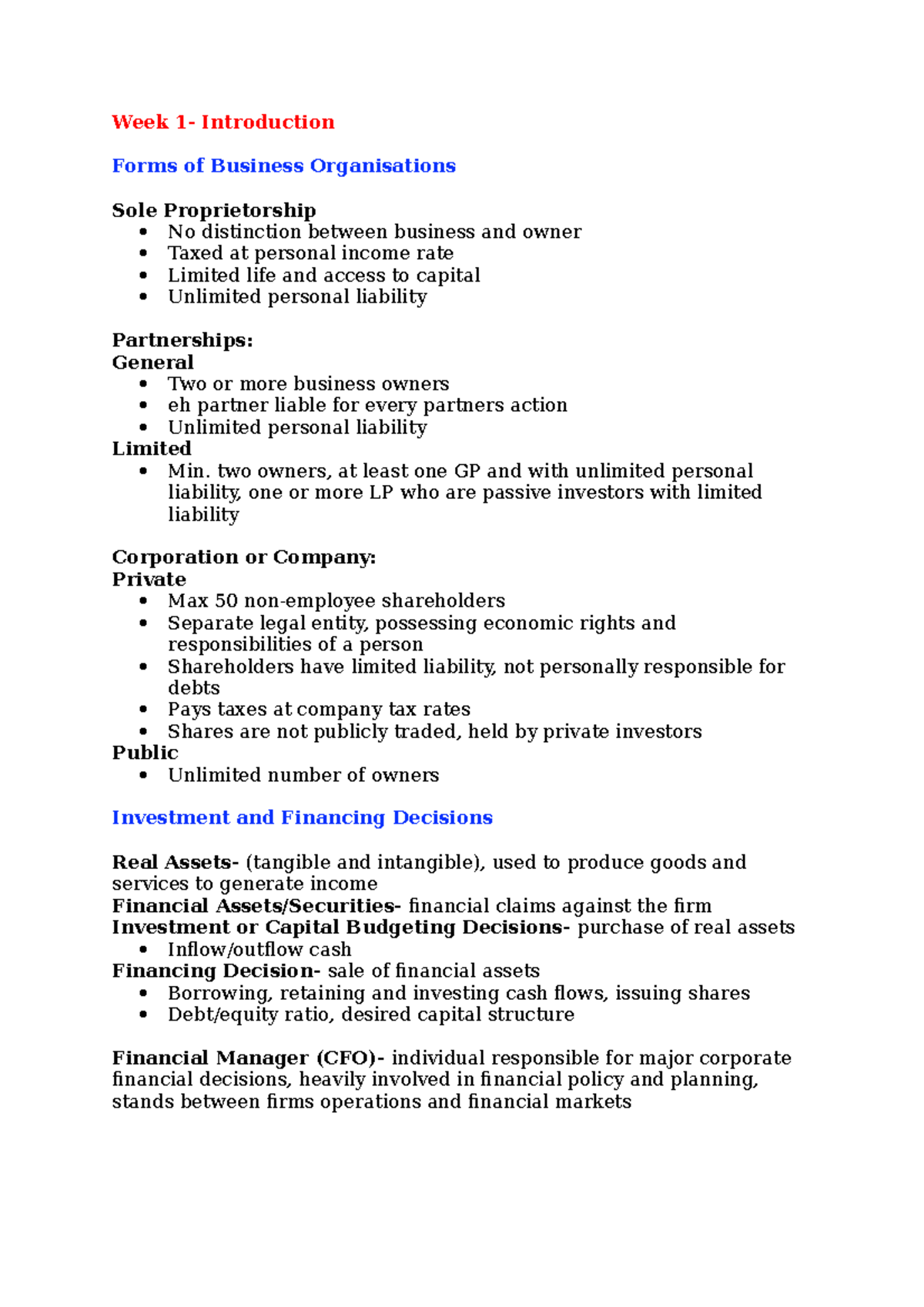 FINC2011 Notes - Summary Corporate Finance I - Week 1- Introduction ...