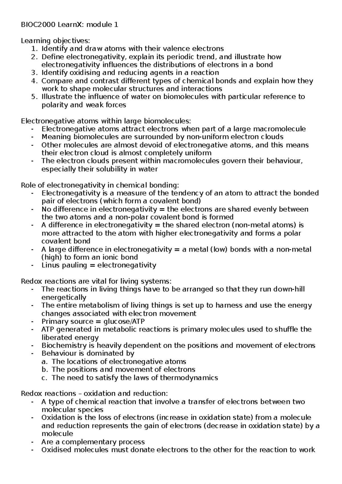 BIOC2000 Learn X - module 1 - BIOC2000 LearnX: module 1 Learning objectives: 1. Identify and ...
