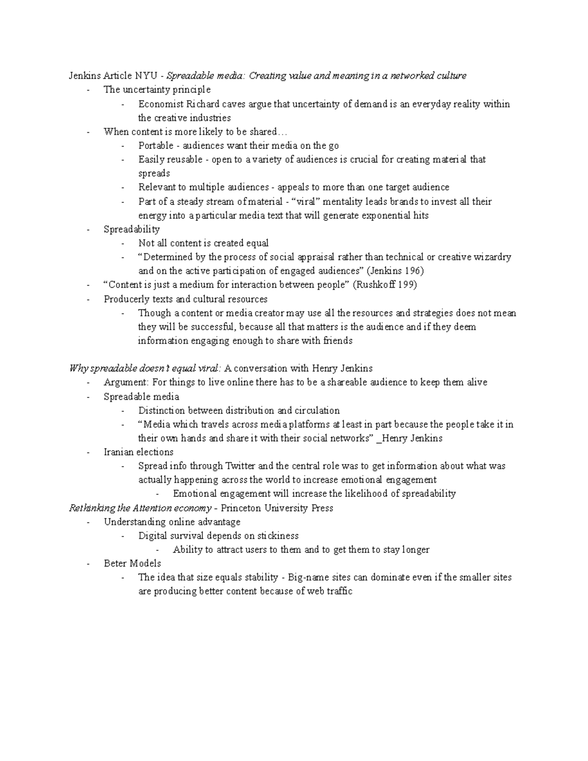 Notes for Unit 5 Response - Jenkins Article NYU - Spreadable media ...