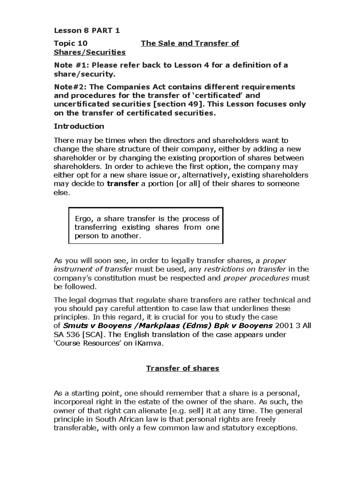 Topic 10 The Sale and Transfer of Shares:Securities - Lesson 8 PART 1 ...