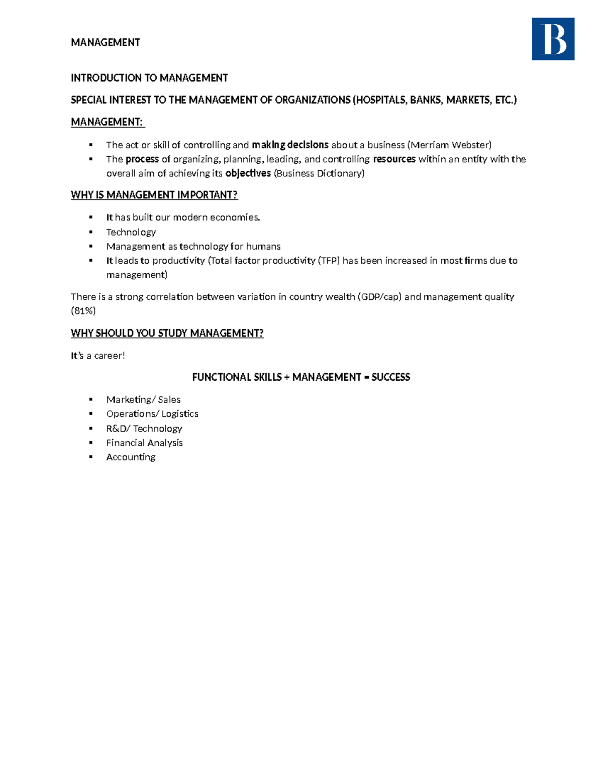 L1- Introduction TO Management - MANAGEMENT INTRODUCTION TO MANAGEMENT ...