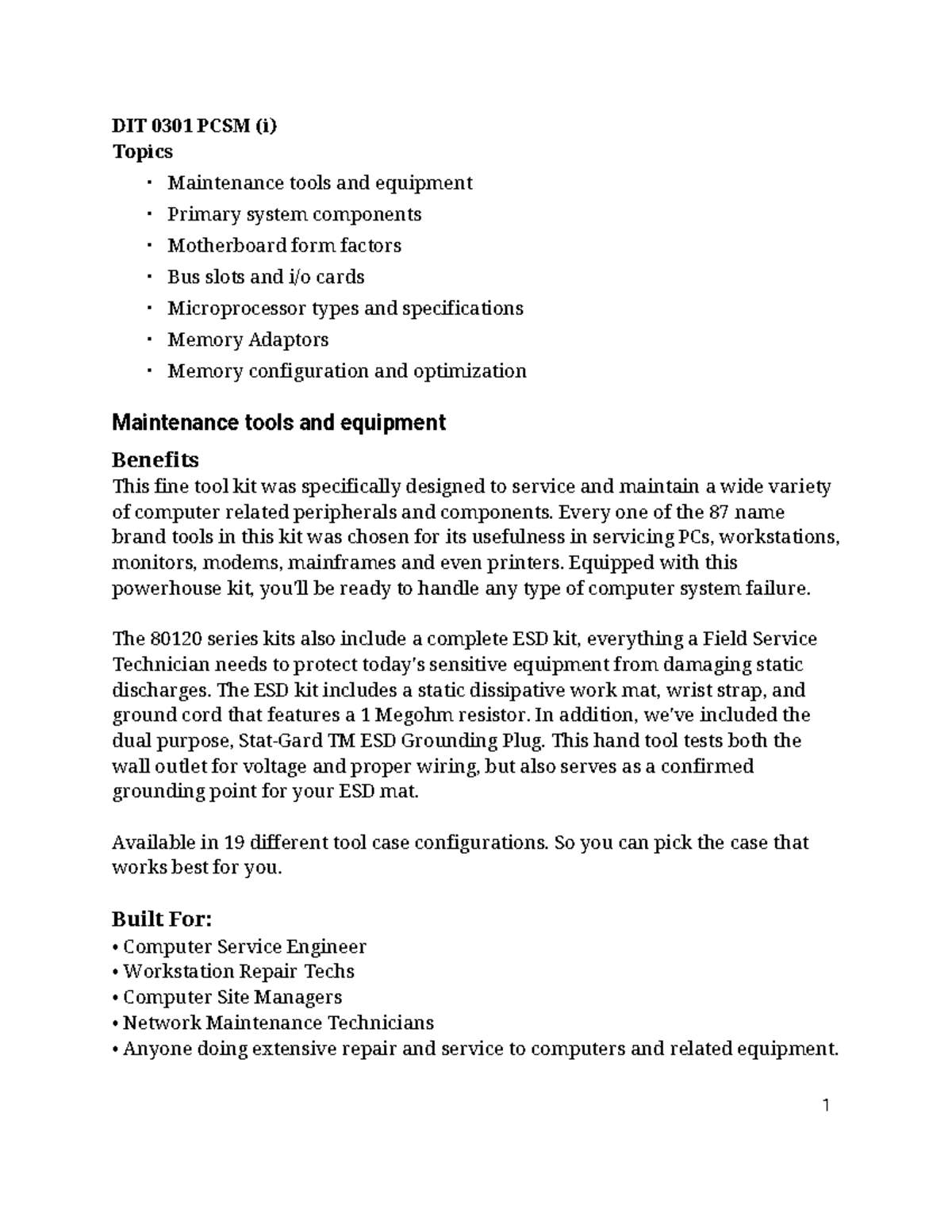 Maintenance tools and equipment - Diploma in IT, Principles of Computer ...