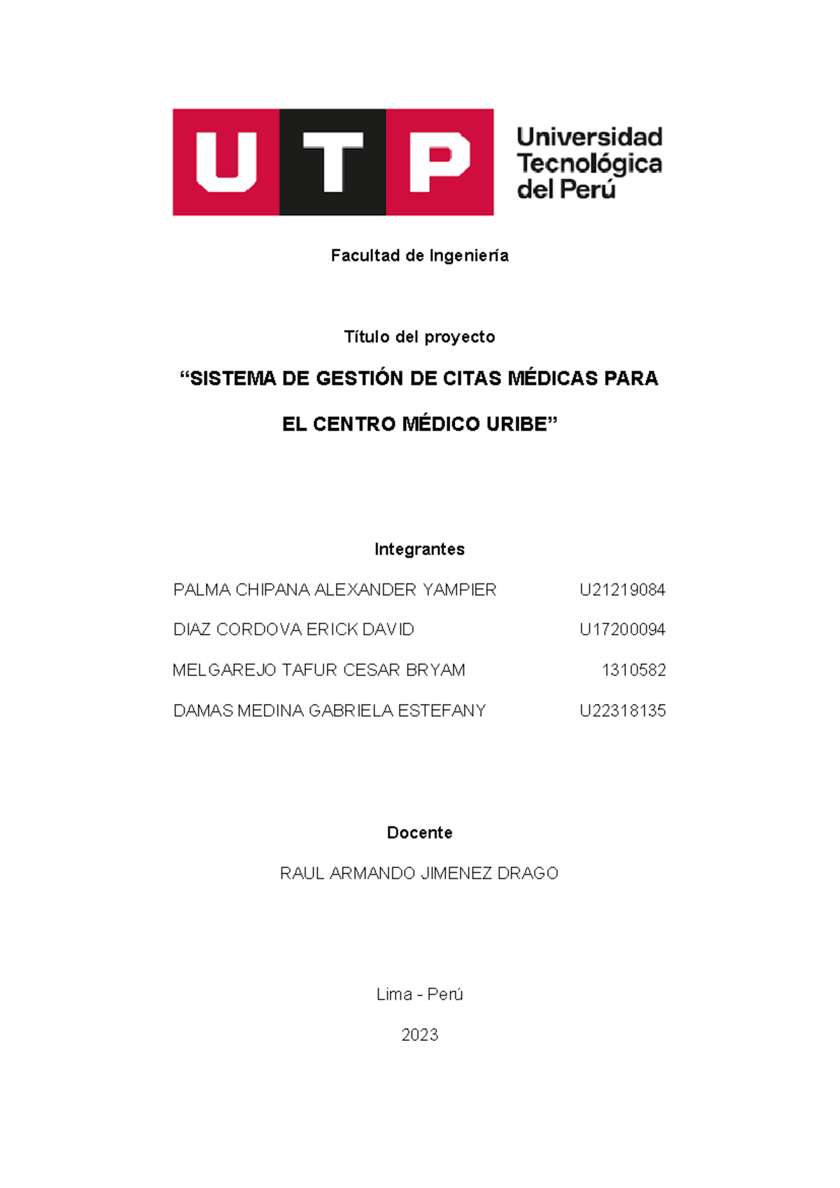 Avance 1 sistema de gestión de citas - Facultad de Ingeniería Título del proyecto “SISTEMA DE ...
