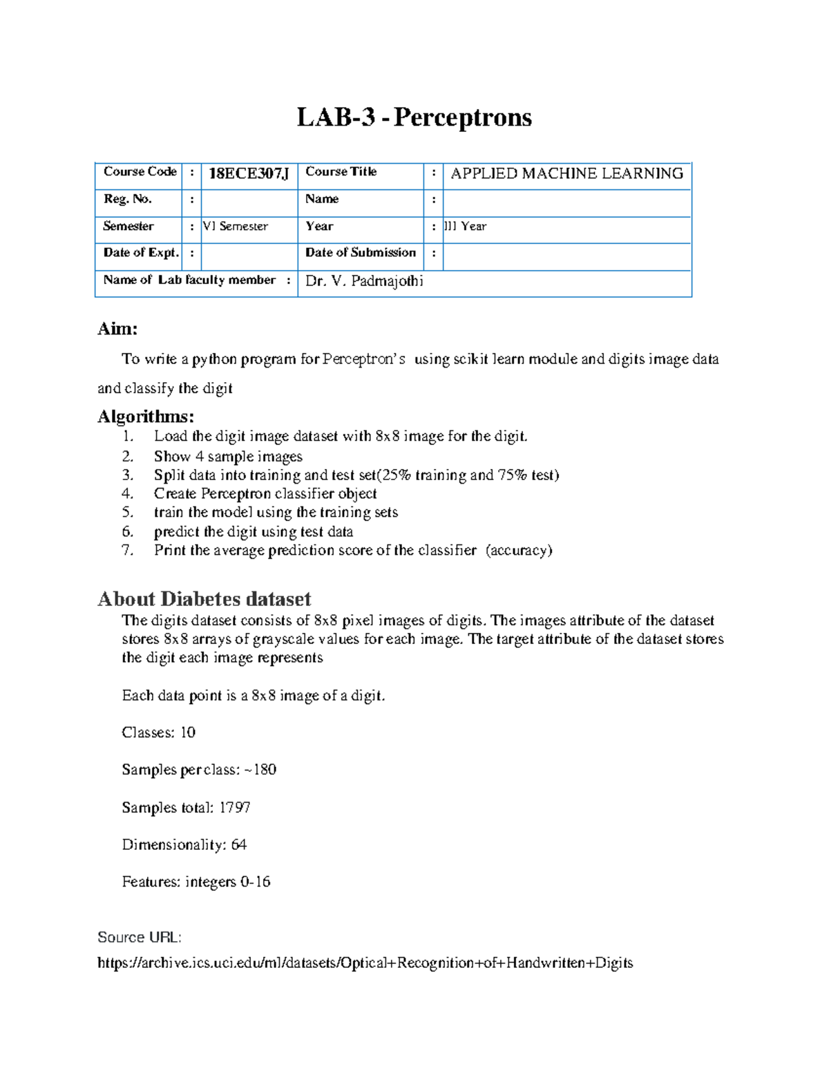 AML(4-11) - LAB- 3 - Perceptrons Course Code : 18ECE307J Course Title : APPLIED MACHINE LEARNING ...
