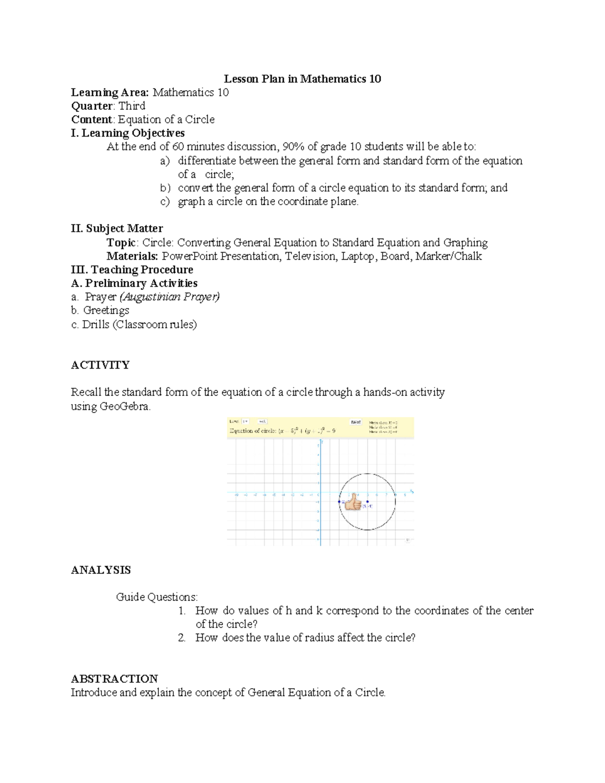 Equation of a Circle LP - This a lesson plan - Lesson Plan in ...