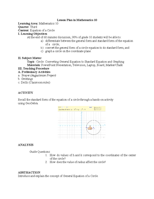 Detailed Lesson PLAN (circle) - DETAILED LESSON PLAN THE CIRCLE AND ITS ...