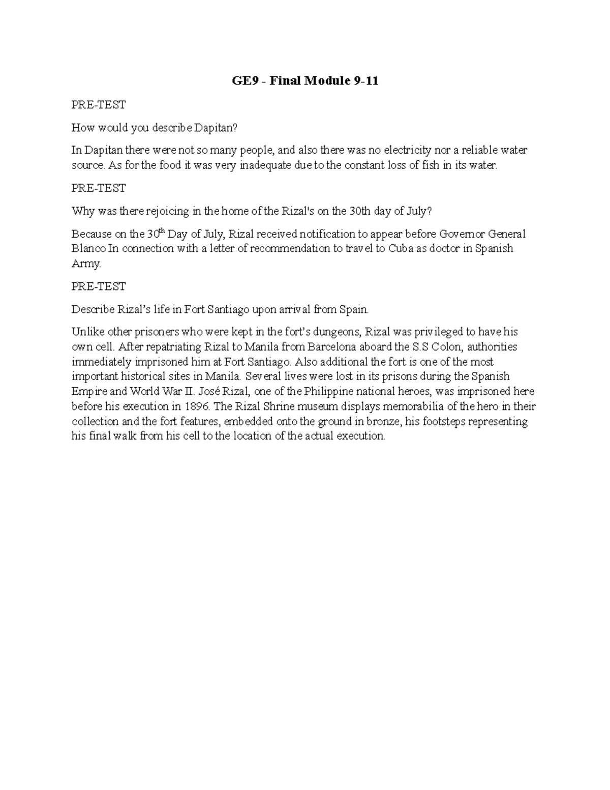GE9 - Final Module 9-11 - Life and Works of RIzal - GE9 - Final Module ...