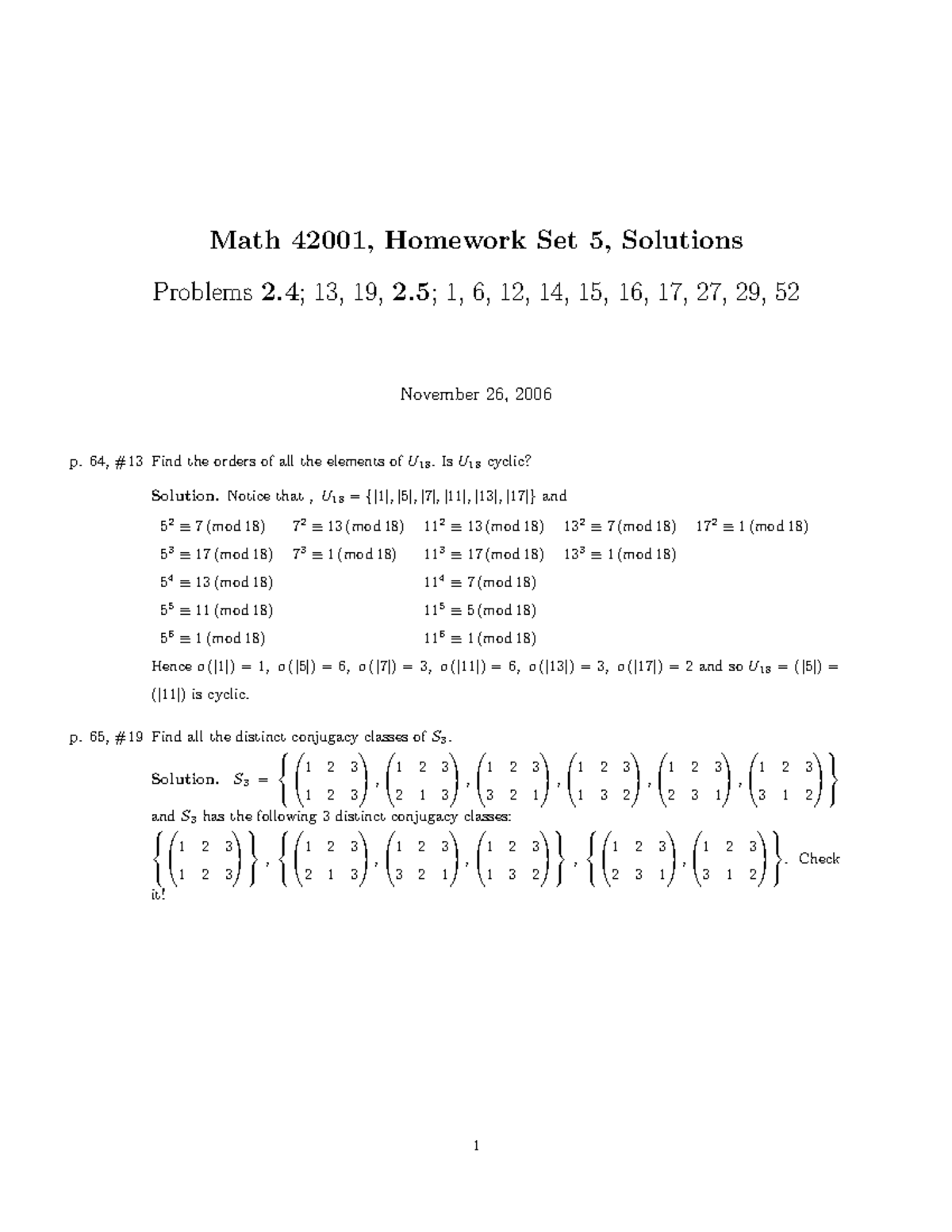 Homework 5 - Math 42001, Homework Set 5, Solutions Problems2; 13, 19,2 ...