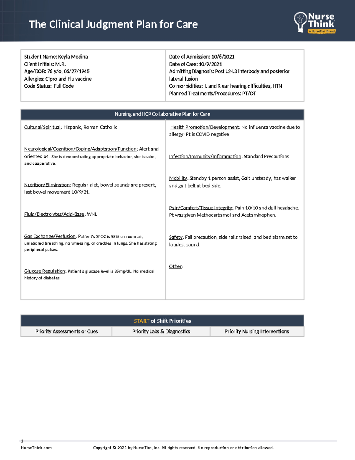 Care Plan 2 AH3 - CARE PLAN - The Clinical Judgment Plan for Care ...