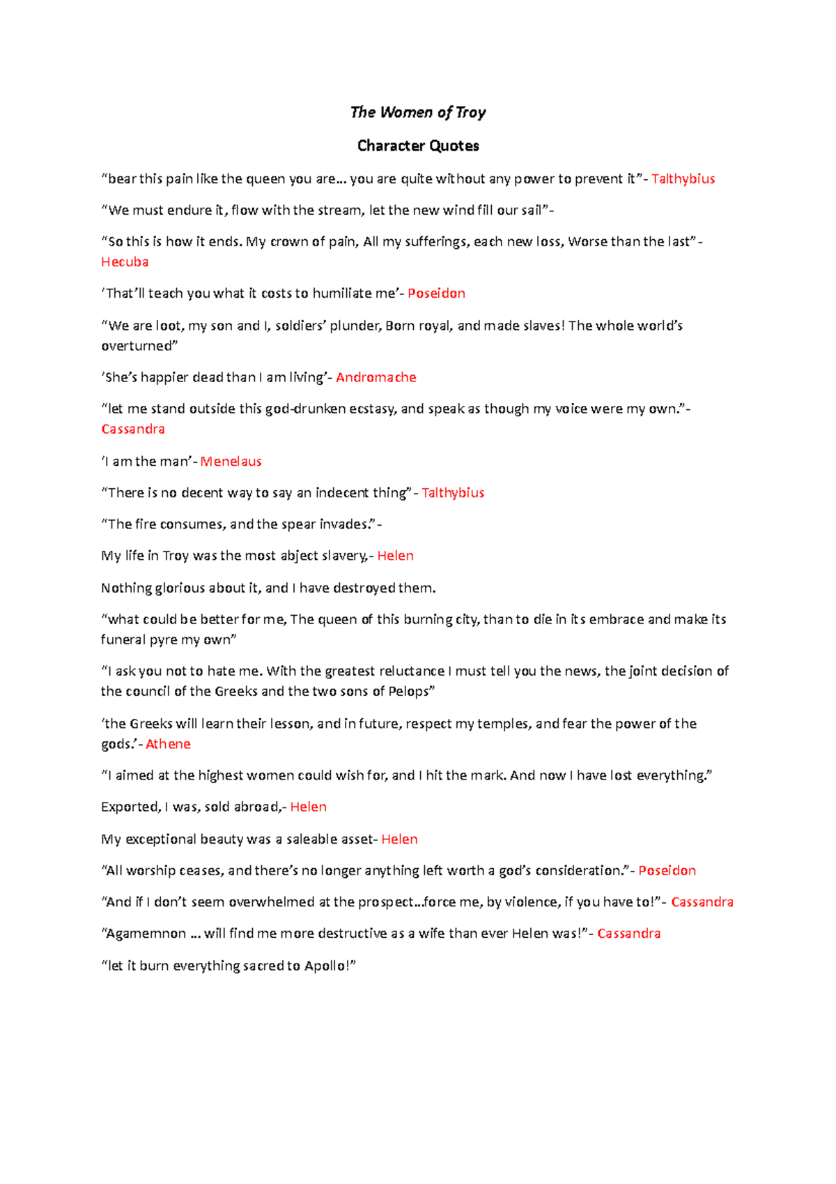 Character quotes - Good - The Women of Troy Character Quotes “bear this ...