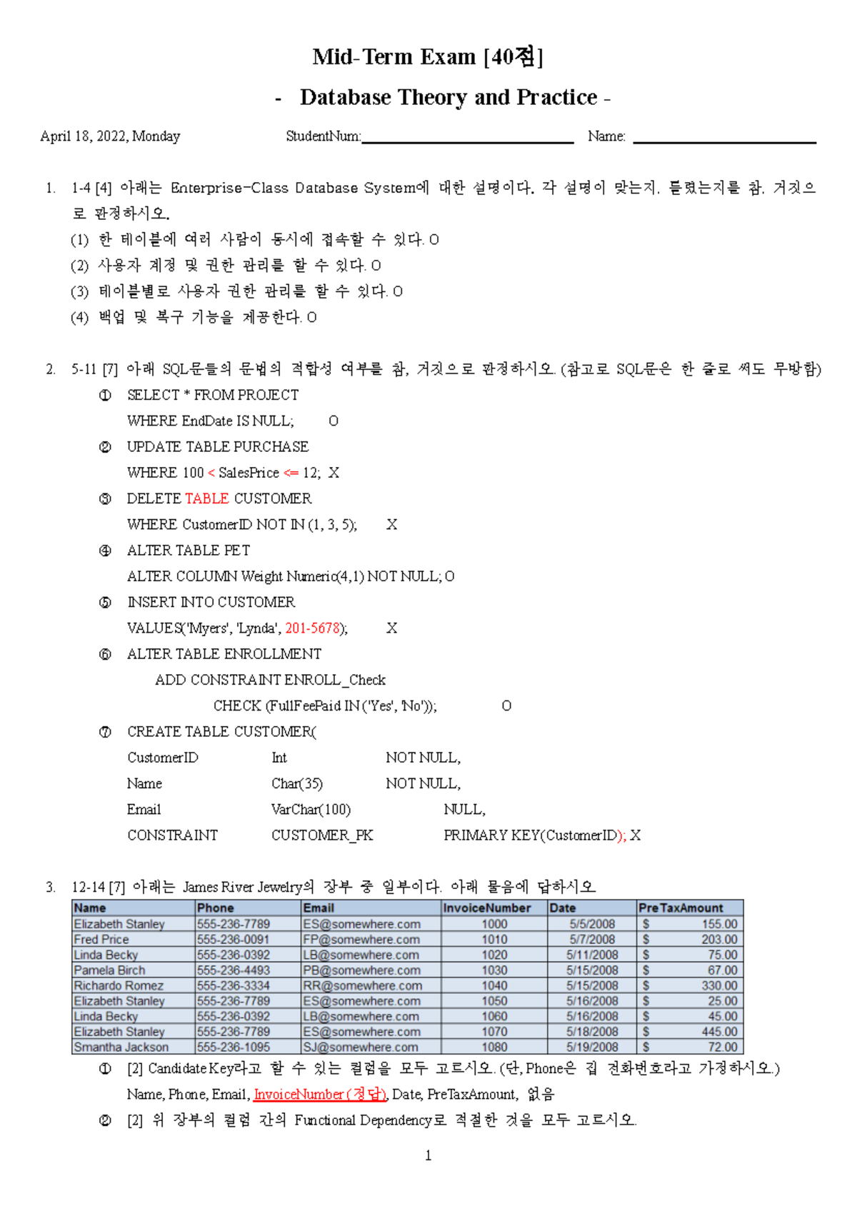 Midterm 22 DB - 22데베기출 - Mid-Term Exam [ 40 점] - Database Theory and Practice - April 18, 20 22 ...