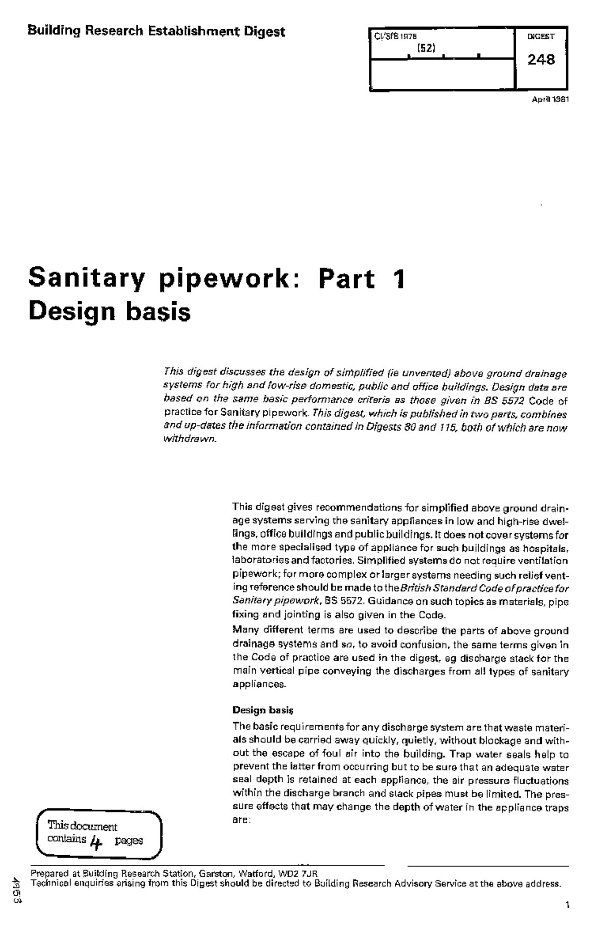 Sanitary Pipework - Part 1 Bre Digest 248 - Building Research ...