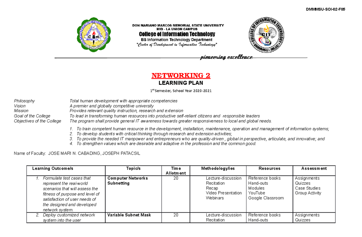 Learning Plan Networking 2 OBE 2020 - NETWORKING 2 LEARNING PLAN 1 st ...