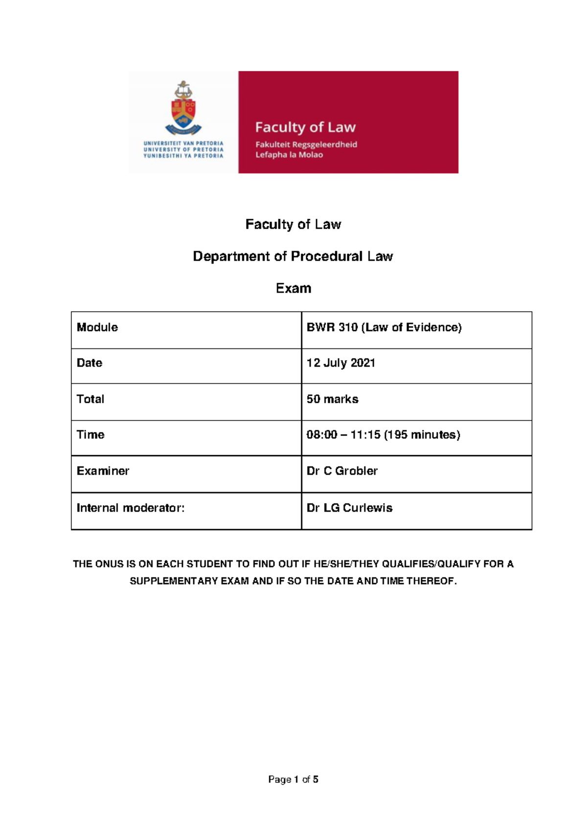 BWR310 Jul2021 - test - Faculty of Law Department of Procedural Law ...