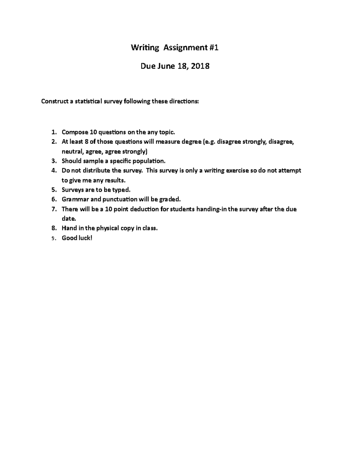 Writing Assignment #1 - survey questions - Writing Assignment Due June ...