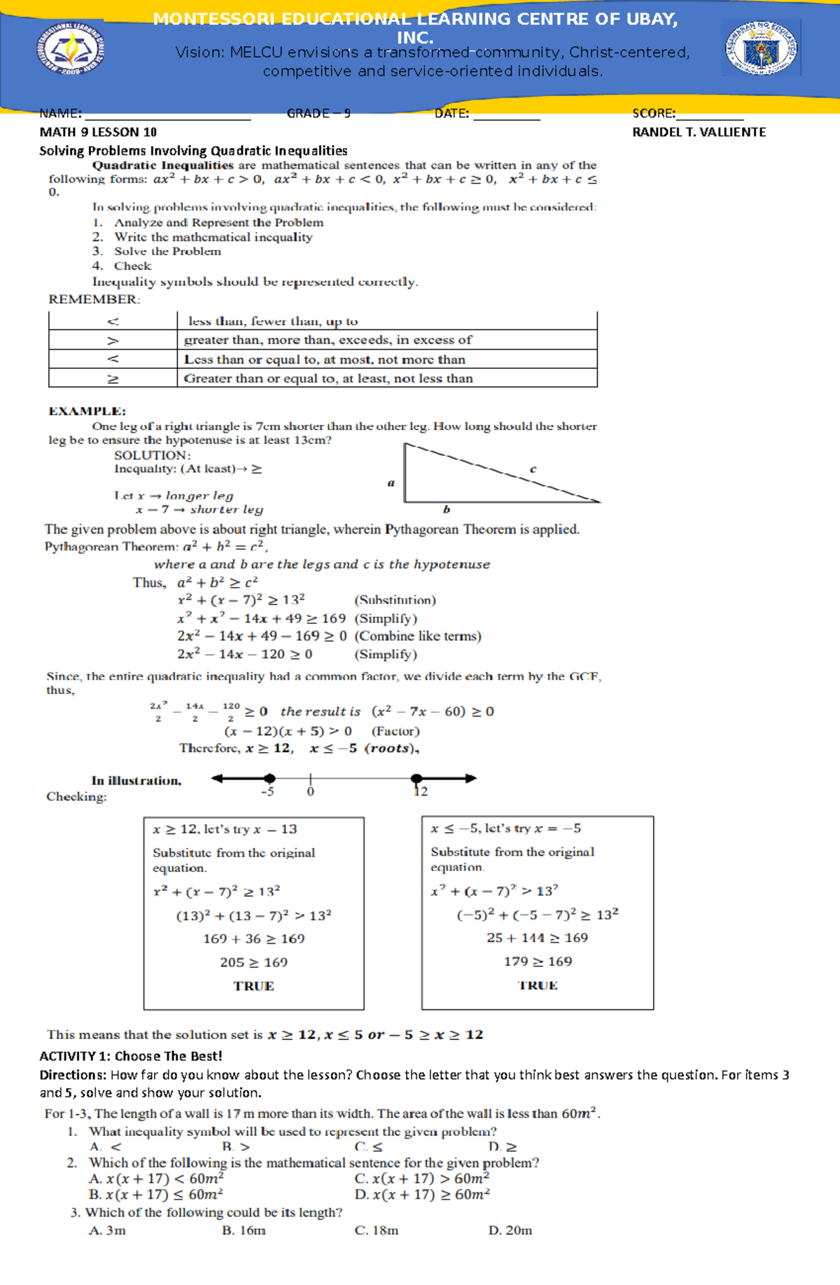Q1 MATH 9Lesson 10 - NAME: ______________________ GRADE – 9 DATE ...