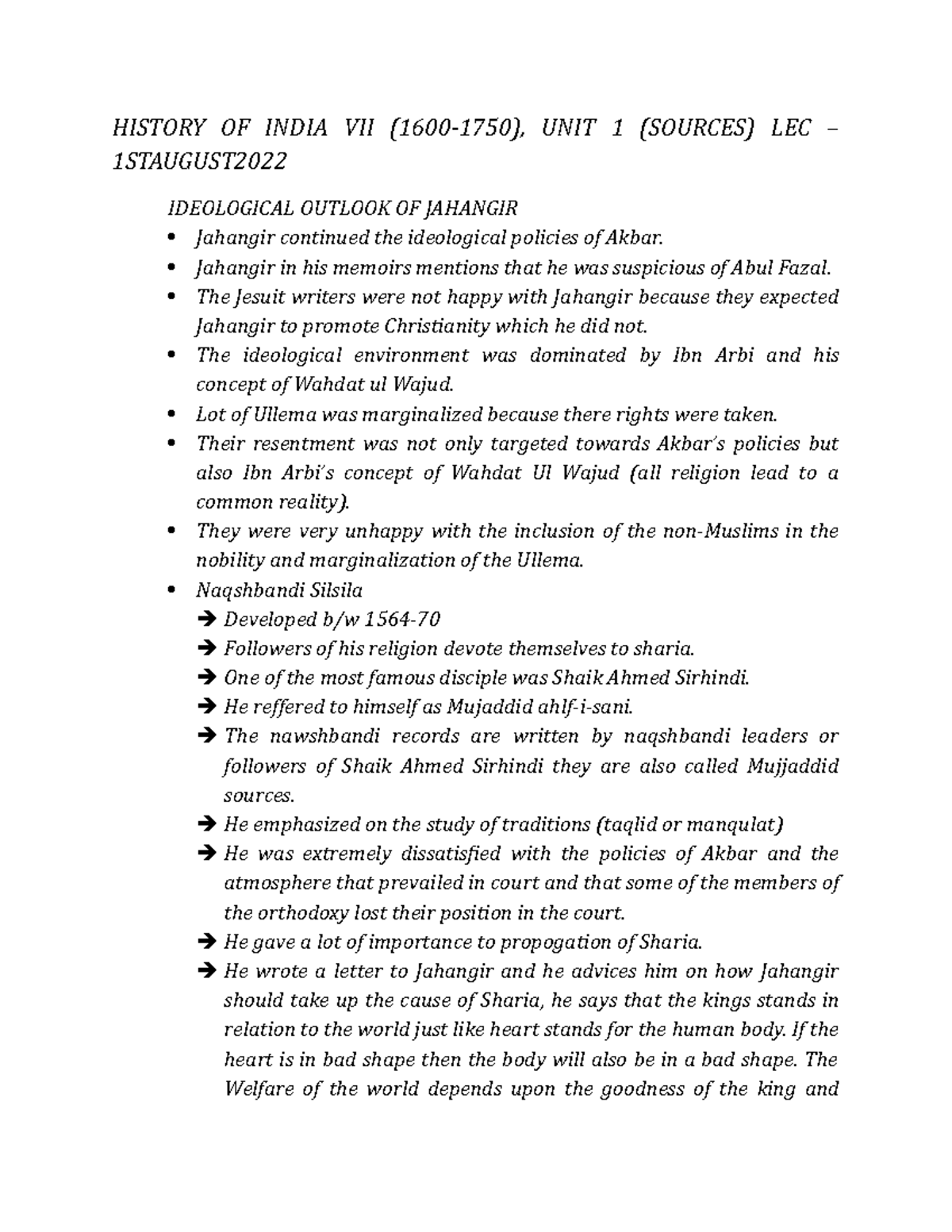 History OF India VII (1600-1750), UNIT 1 ( Sources) LEC – 1 Staugust ...