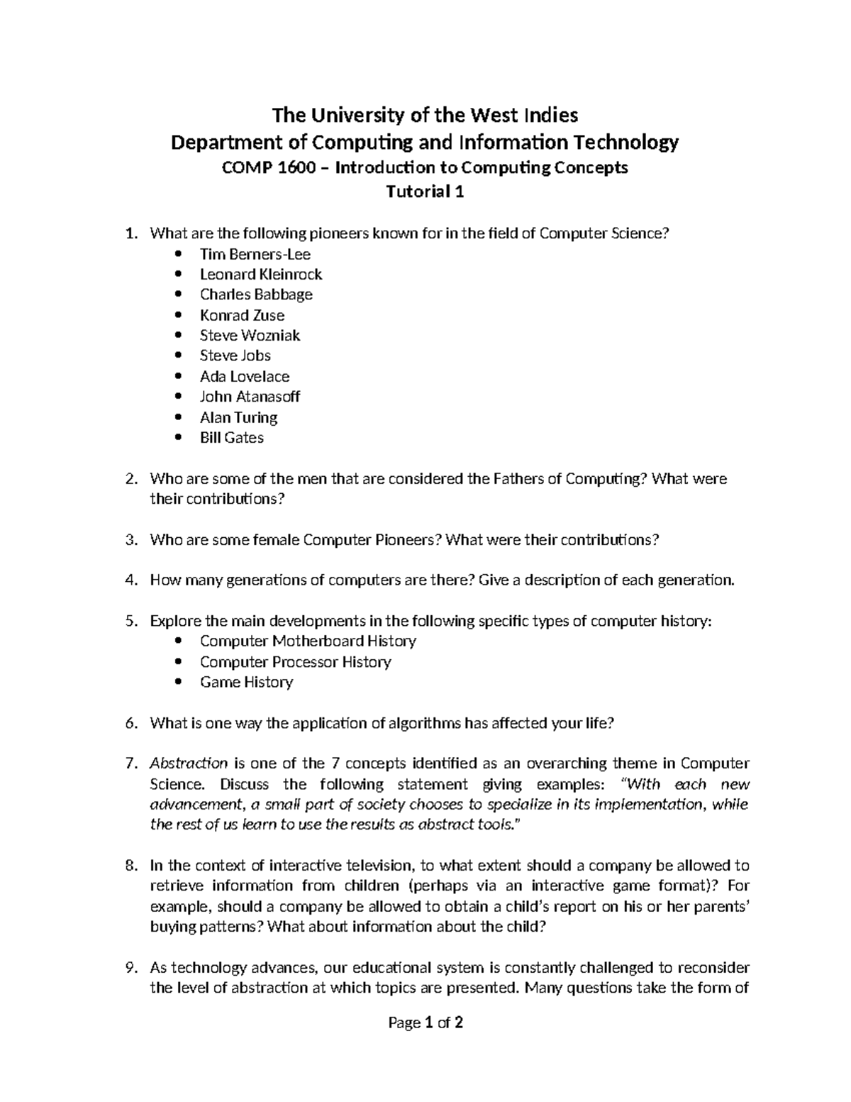 COMP 1600 - Tutorial 1 - The University of the West Indies Department ...