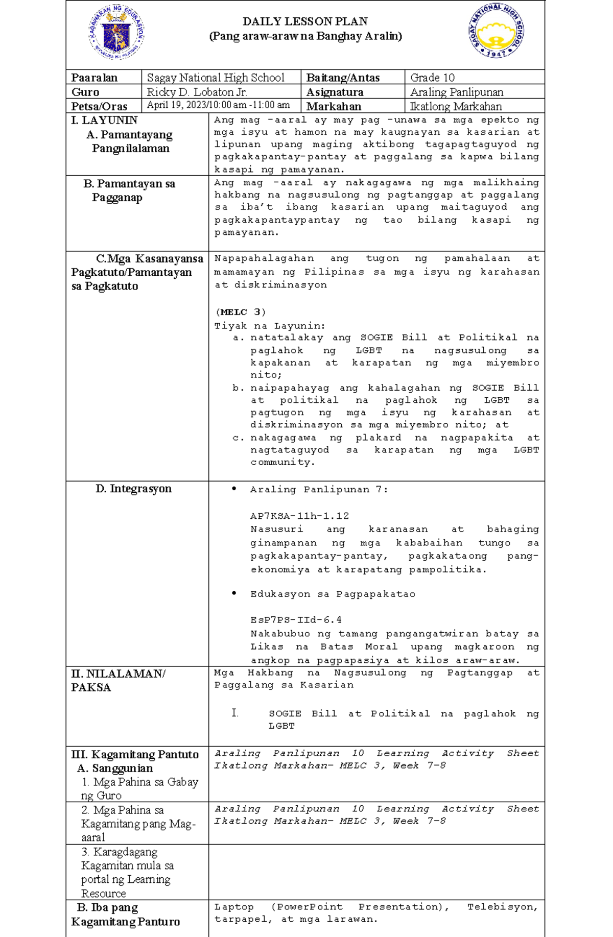 Lesson Plan Final Demo Off Campus - DAILY LESSON PLAN (Pang araw-araw na Banghay Aralin ...