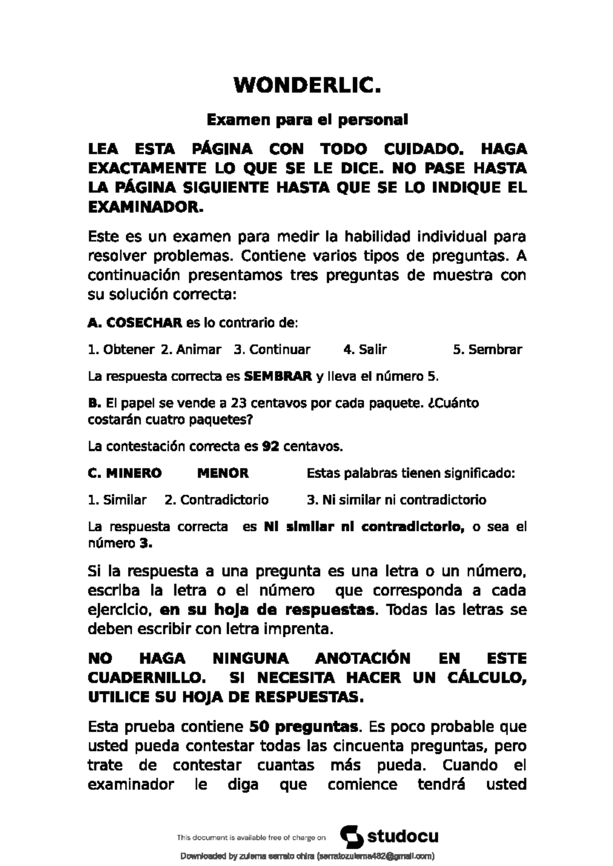 TEST Wonderlic - WONDERLIC. Examen para el personal LEA ESTA PÁGINA CON ...