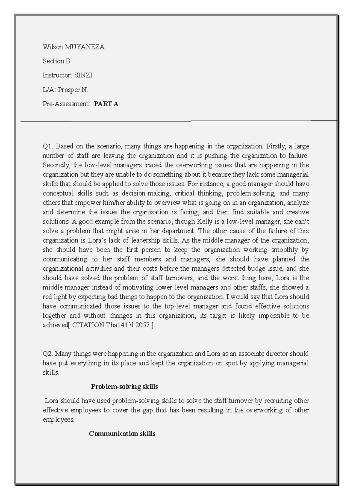 Wilson-Assessment 1Part A - Wilson MUYANEZA Section B Instructor: SINZI ...