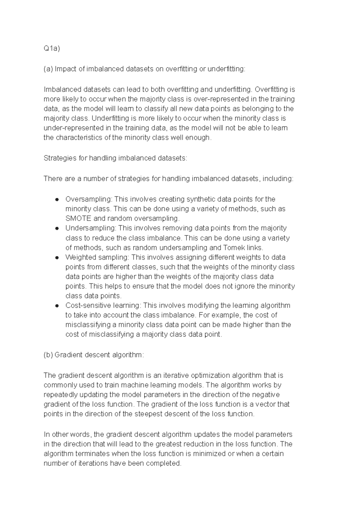 Ml 2 Machine Learning Q1a A Impact Of Imbalanced Datasets On Overfitting Or Underfitting