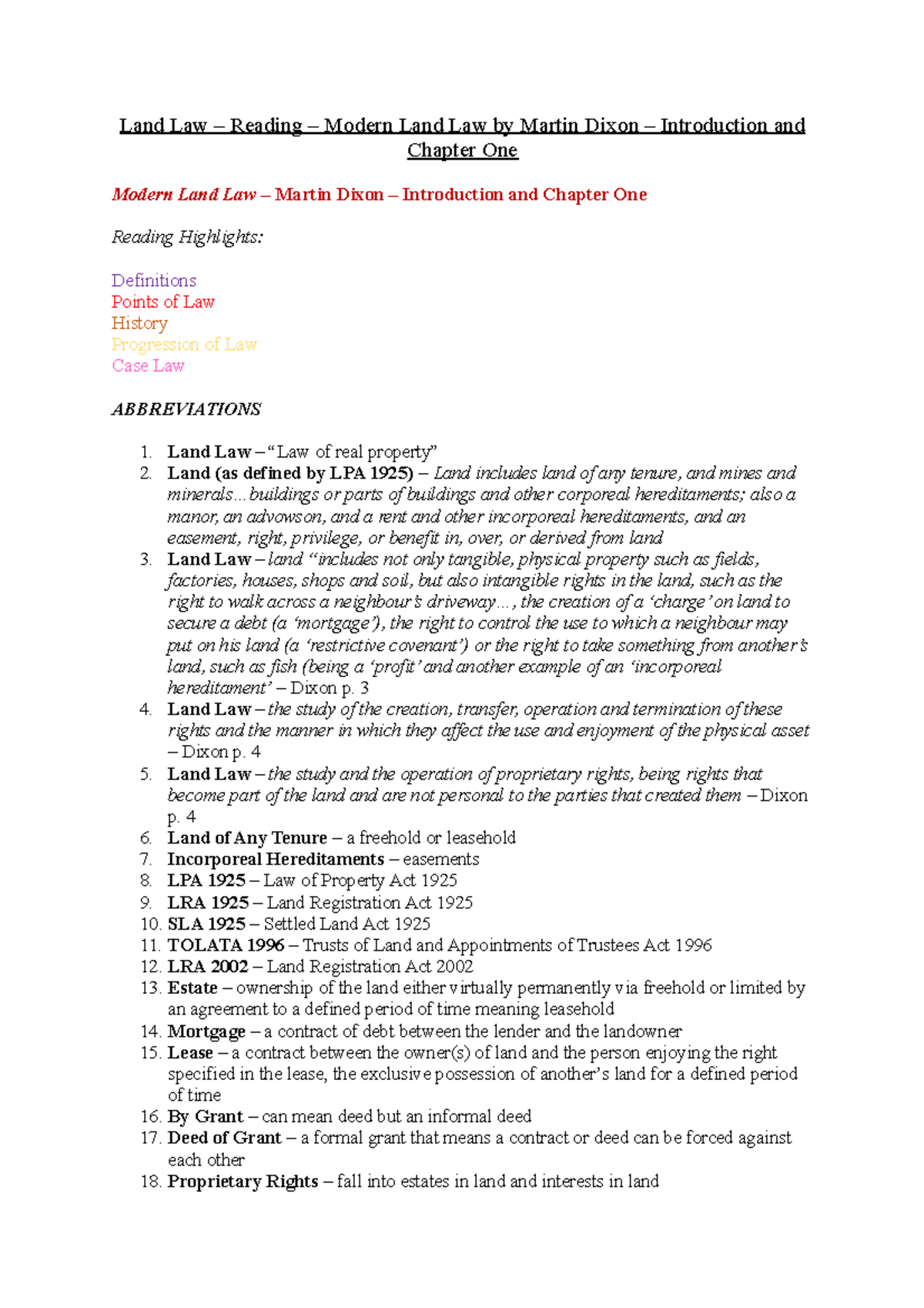 Land Law - Reading - Modern Land Law by Martin Dixon (Introduction and ...